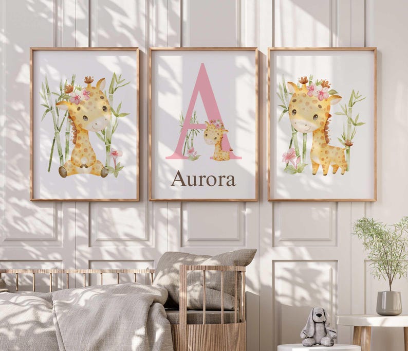 Personalized Floral Giraffe Girls Nursery Wall Art - Jungle Animal ...