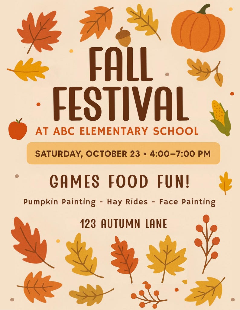 Fall Festival Canva Flyer Template – Editable School Event Invitation ...