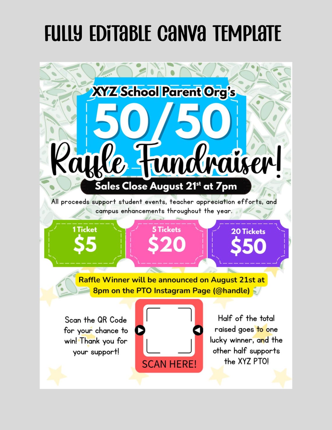 Editable 50/50 Raffle Ticket Template: Canva Fundraiser (digital ...
