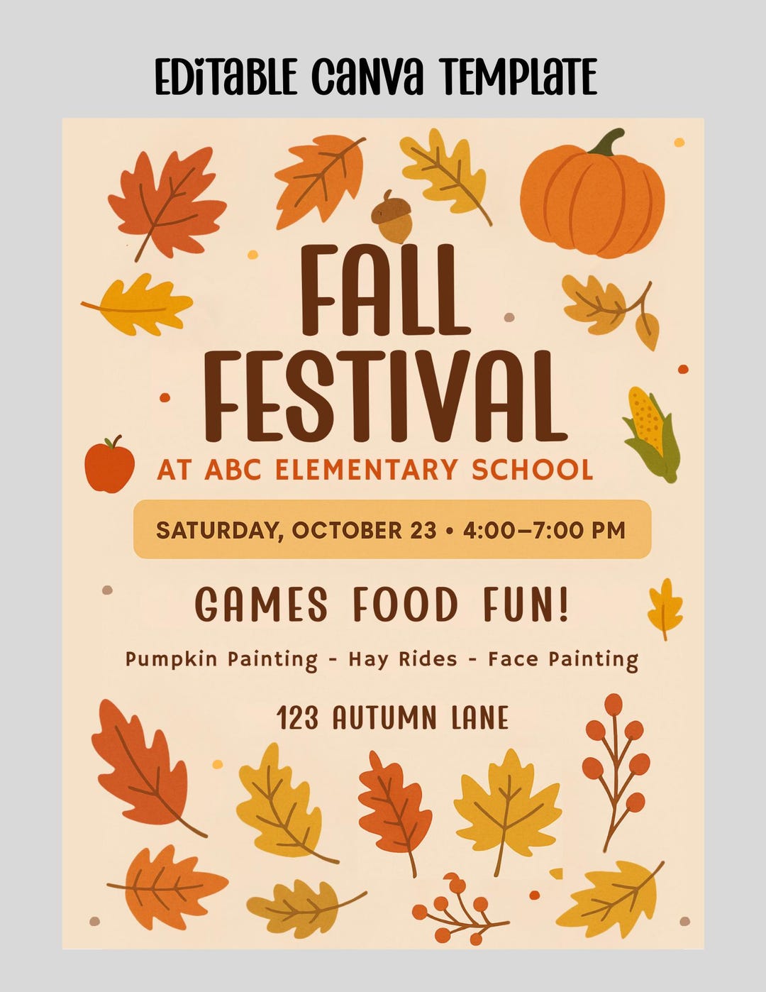 Fall Festival Canva Flyer Template – Editable School Event Invitation ...