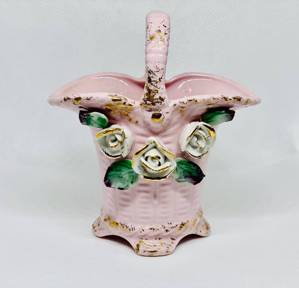Vintage Miniature Pink Porcelain Rose Basket with Gold Accents Japan ...