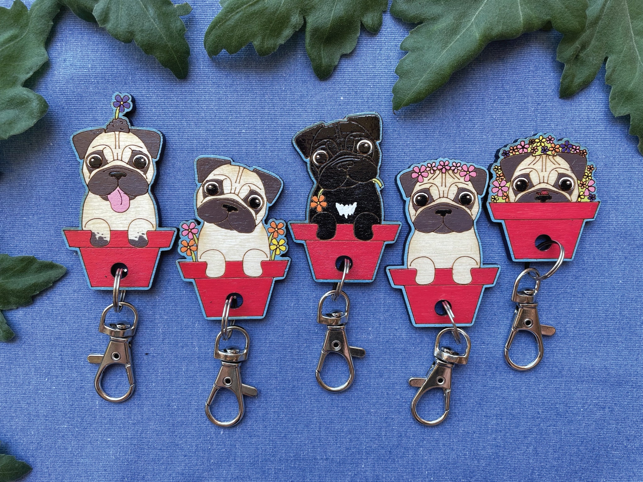 Pug Keychain Handpainted Pug Gift Key Fob Pug Lover | Etsy