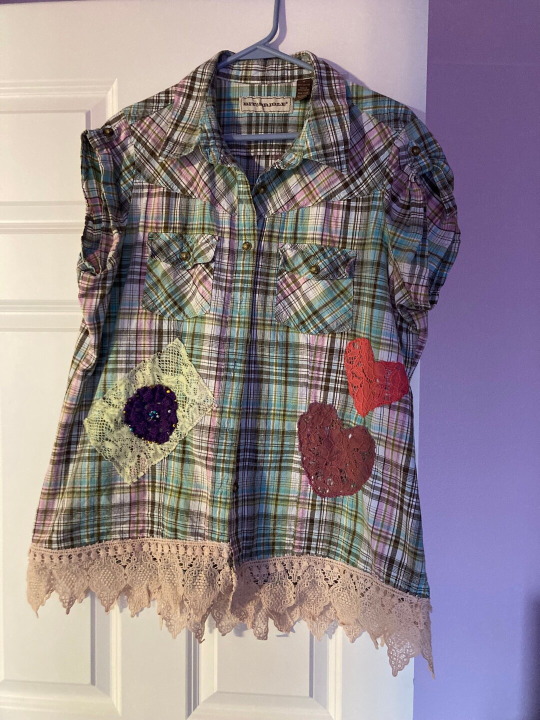 Women's Short Sleeve Patchwork Blouse. Repurposed Blouse Altered ...