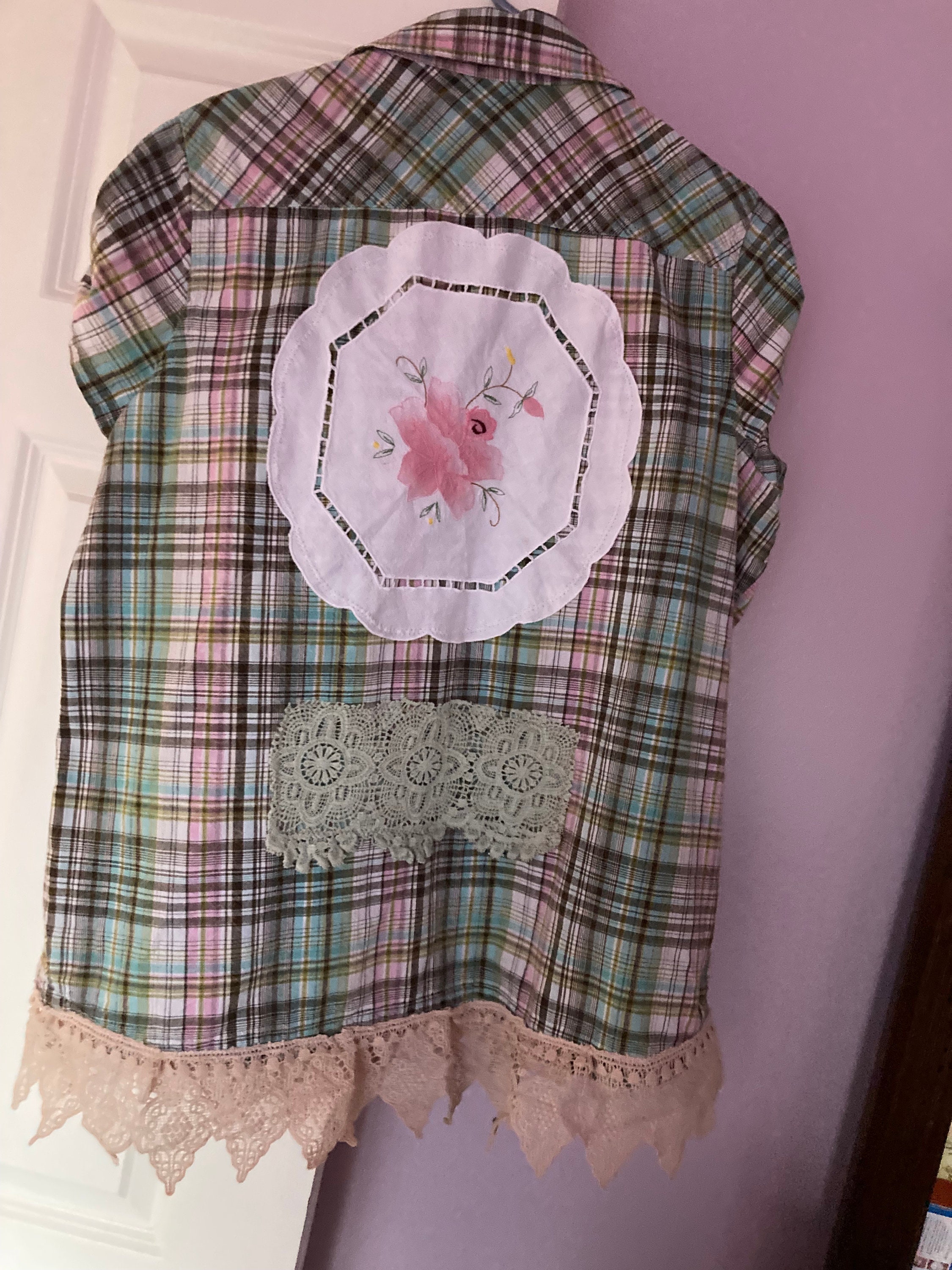 Women's Short Sleeve Patchwork Blouse. Repurposed Blouse Altered ...