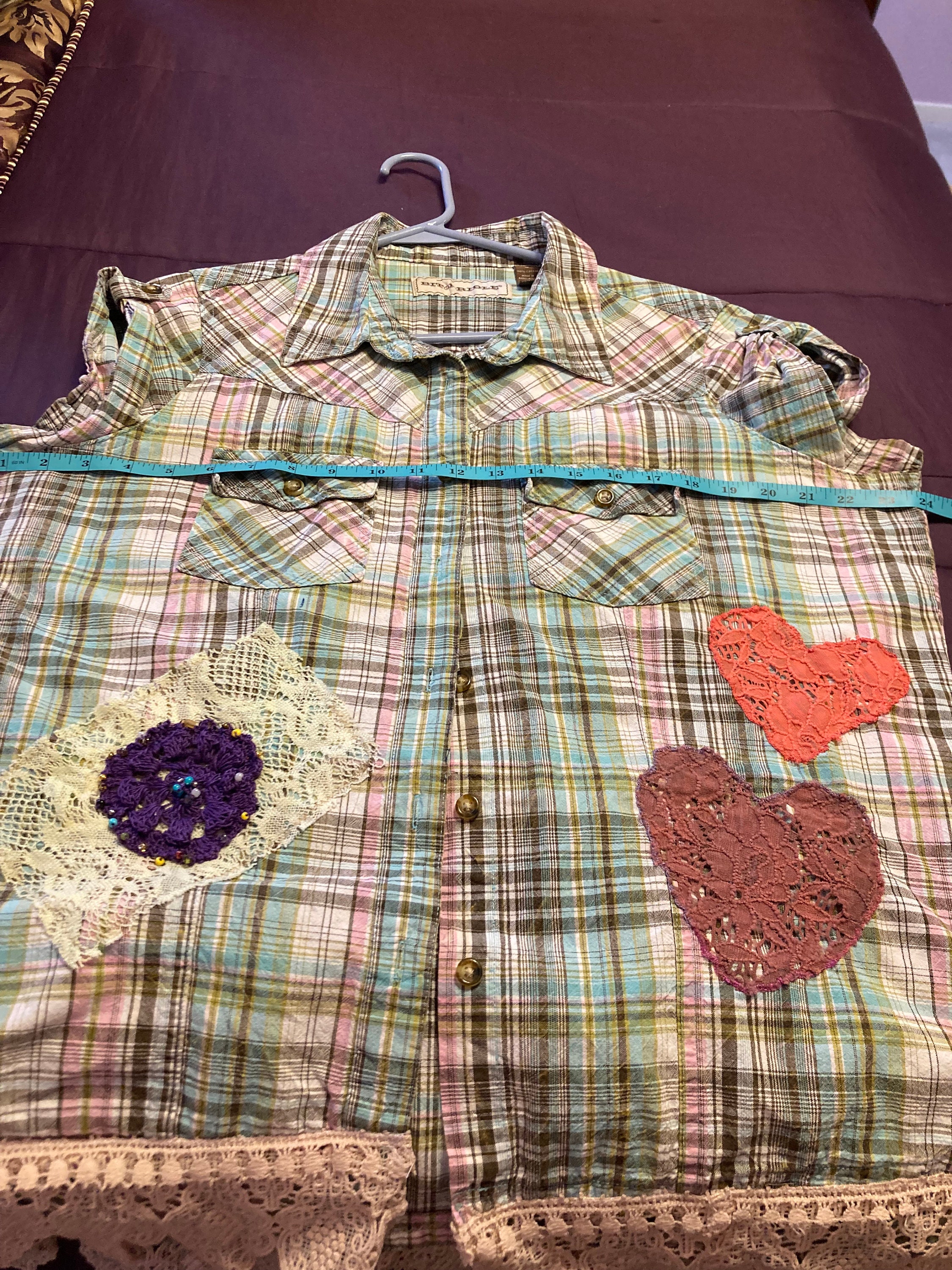 Women's Short Sleeve Patchwork Blouse. Repurposed Blouse Altered ...