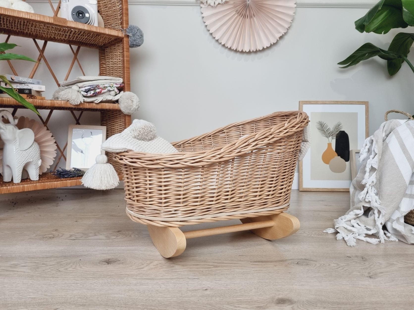 Wiklibox Wicker & Beech Wood Doll's Cradle in NATURAL Color + Bedding ...