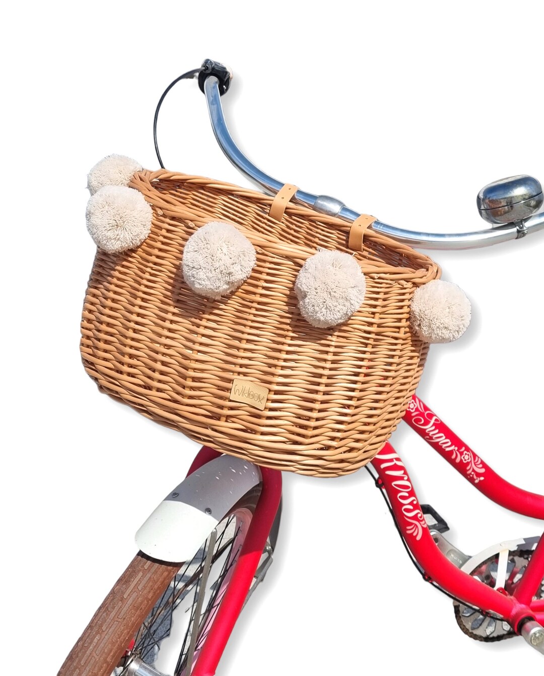 Wiklibox Wicker Bike Basket DUMPY in NATURAL Color Mounted on Belts With Pompoms (many Variants ...