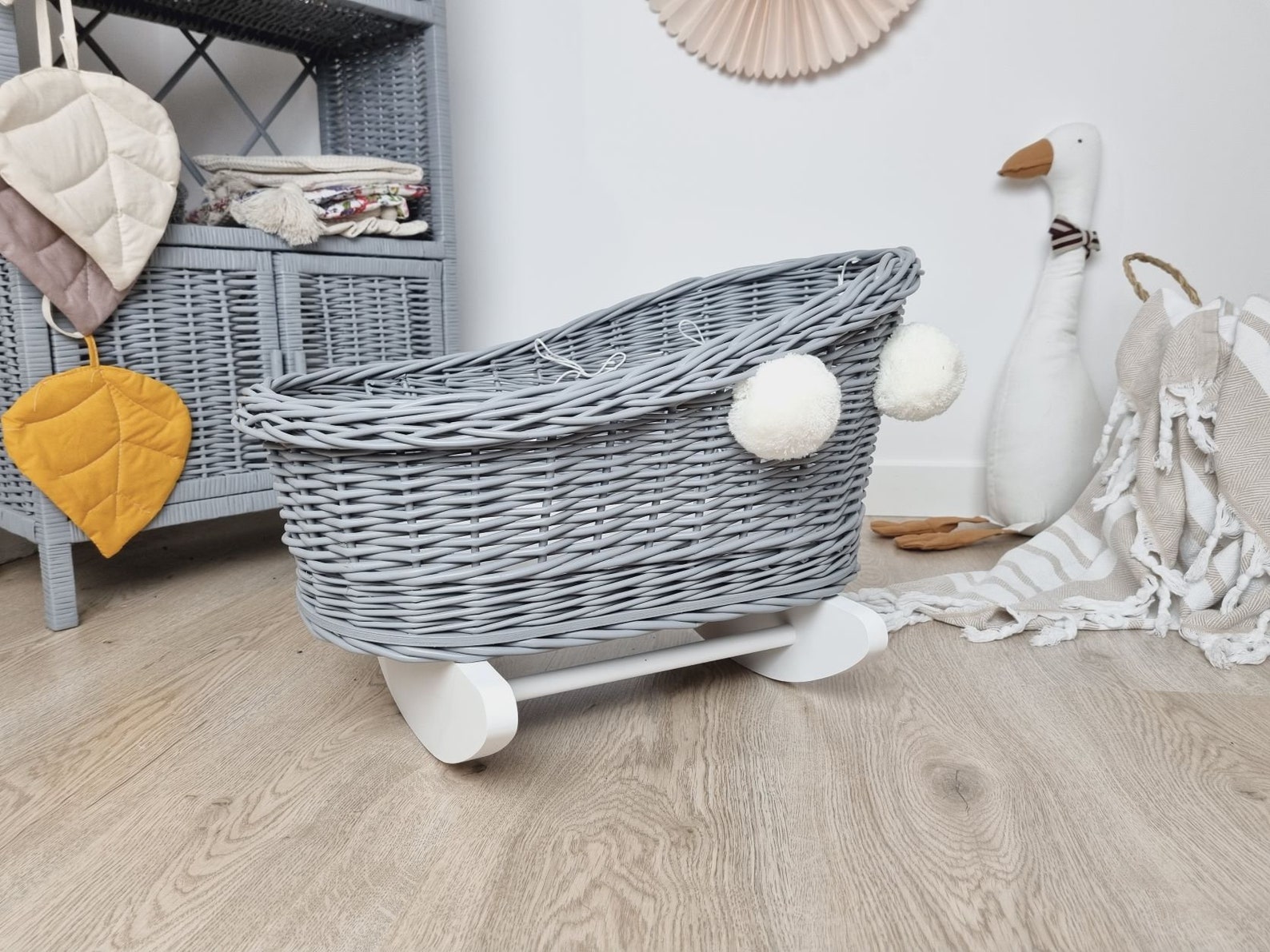 Wiklibox Wicker & Beech Wood Doll's Cradle in GRAY Color - Etsy