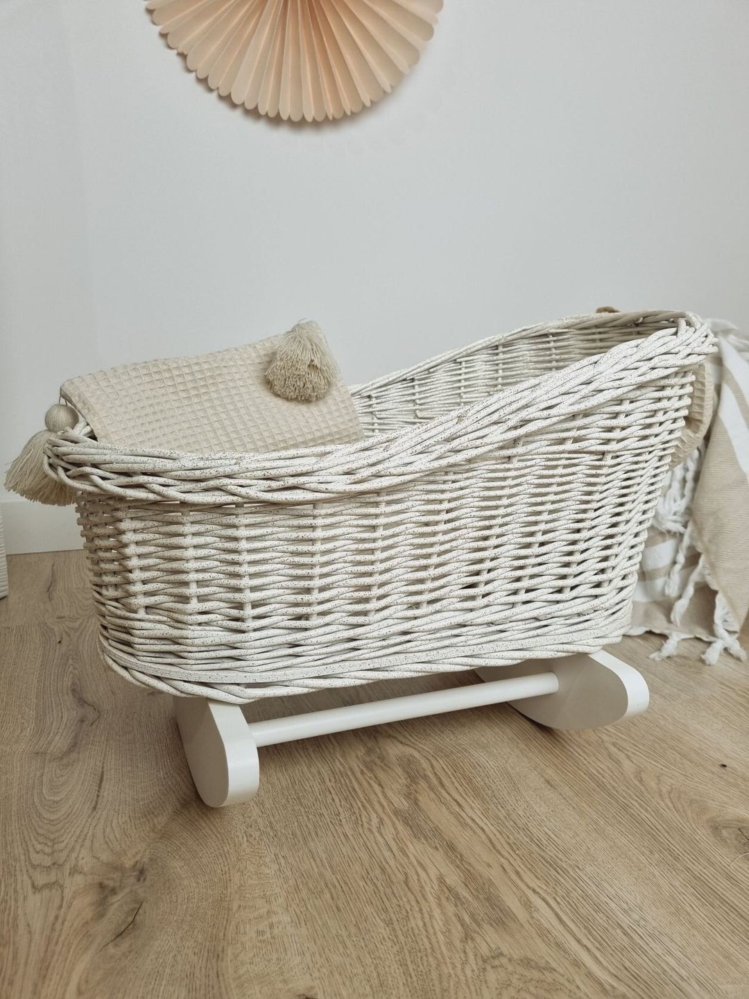Wiklibox Wicker & Beech Wood Doll's Cradle in WHITE Color With GLITTER ...