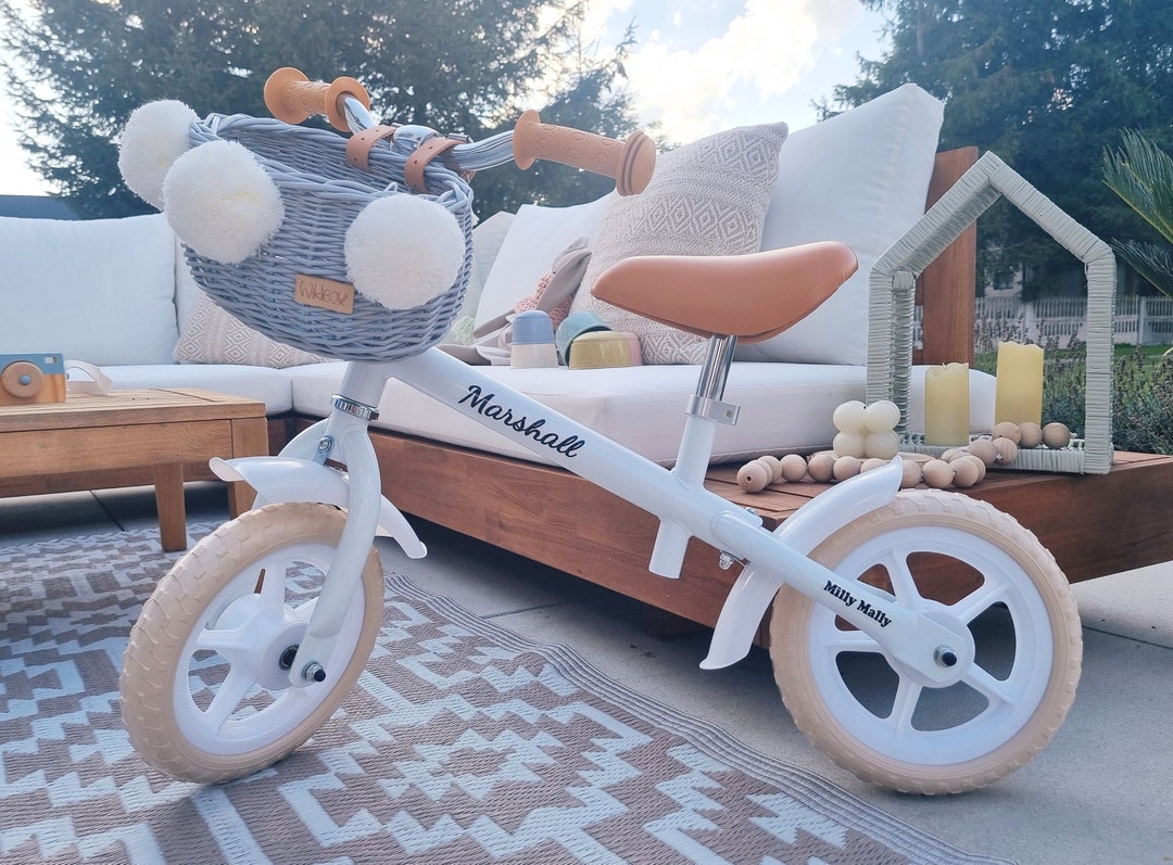 Wiklibox Wicker Bike Basket for Kids MINI DUMPY in GREY Color With Pompoms Mounted on Belts ...