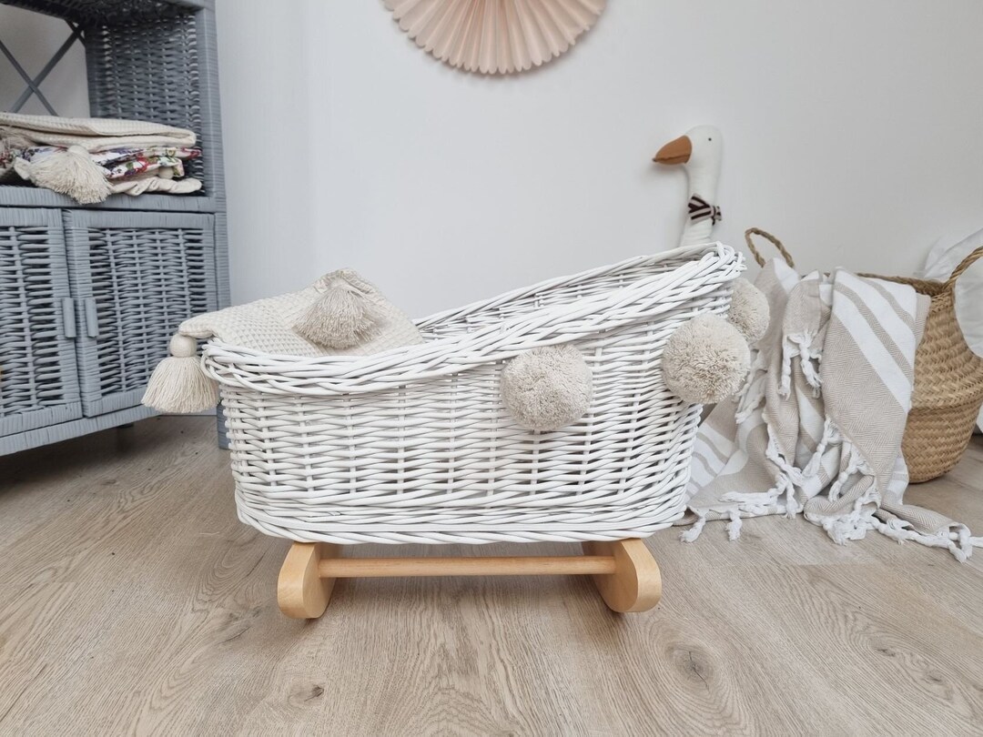 Wiklibox Wicker & Beech Wood Doll's Cradle in WHITE Color + Bedding and ...