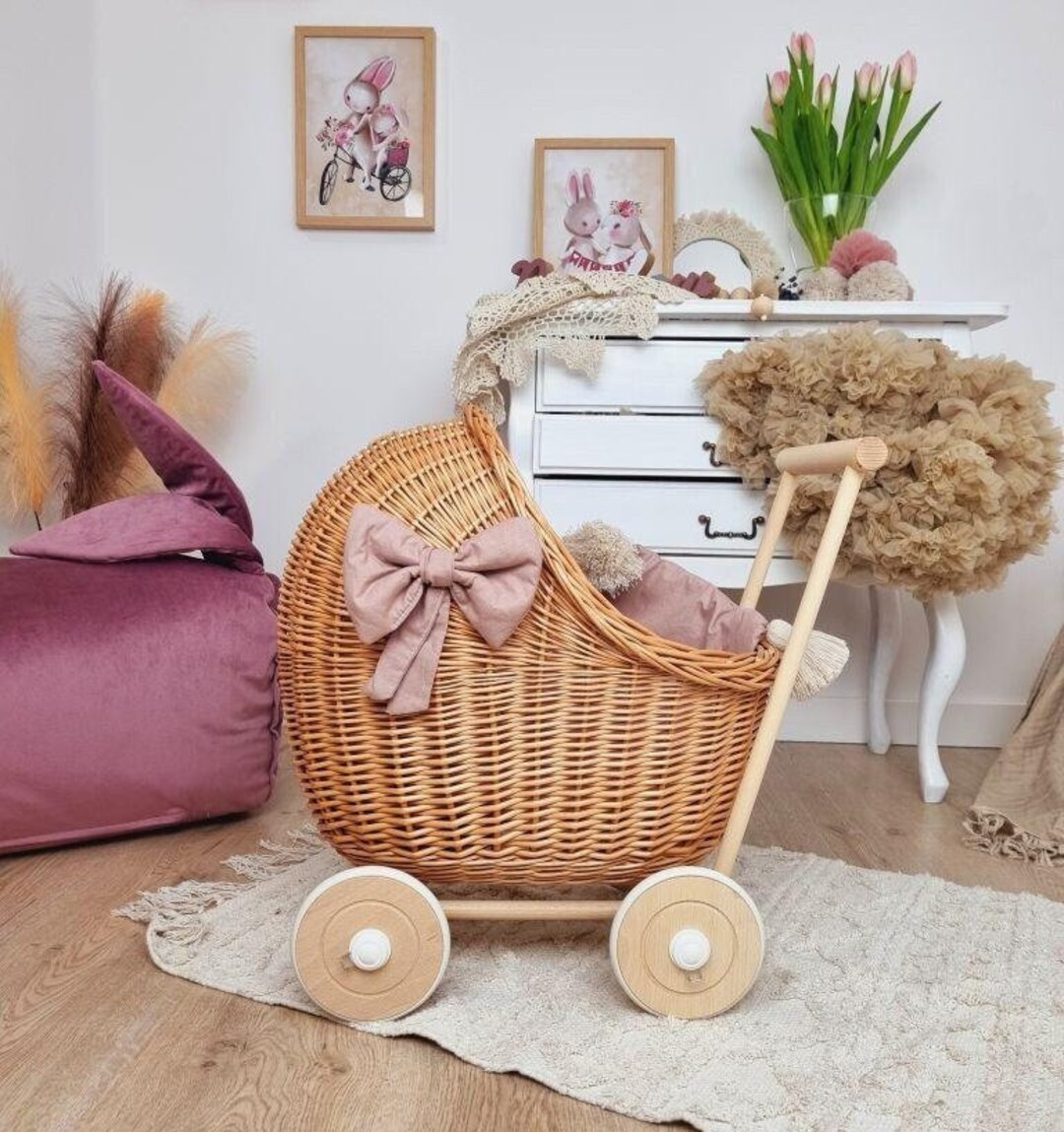 Wiklibox Wicker & Beech Wood Doll's Pram Dumpy in NATURAL Color Bedding ...