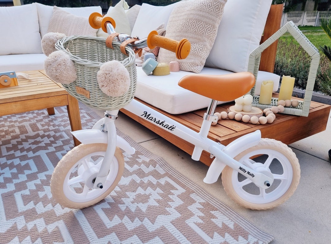 Wiklibox Wicker Bike Basket for Kids MINI DUMPY in OLIVE Color With Pompoms Mounted on Belts ...