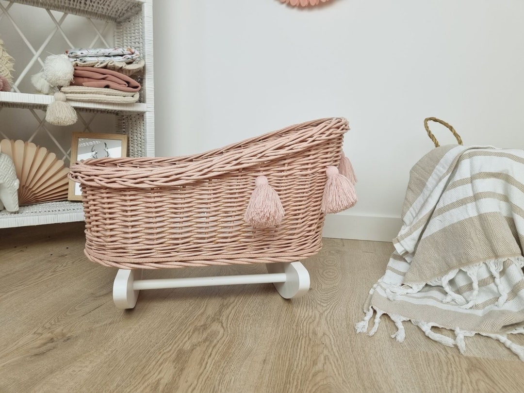 Wiklibox Wicker & Beech Wood Doll's Cradle in a DUSTY PINK - Etsy