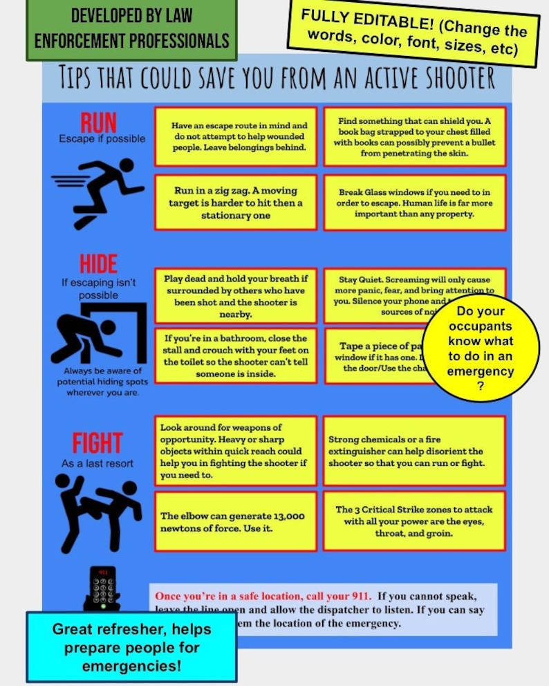 ACTIVE SHOOTER PLAN Tips Emergency Flyer/poster Template (editable ...
