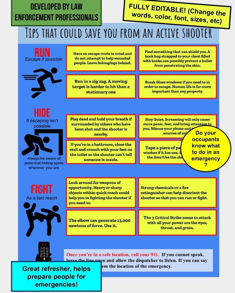 ACTIVE SHOOTER PLAN Tips Emergency Flyer/poster Template (editable ...