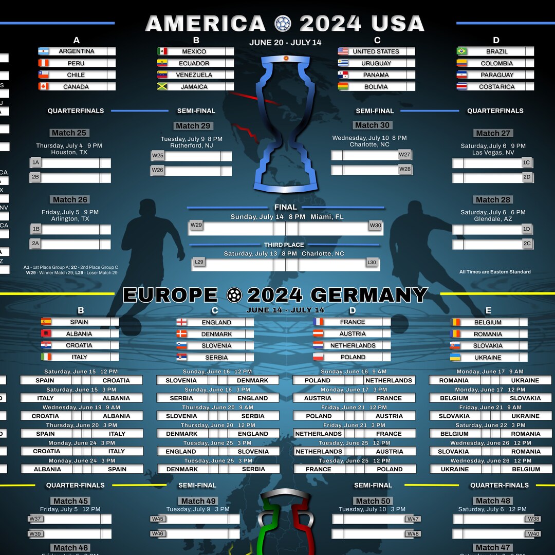 Copa America 2024 & European 2024 Championship Schedule Bracket Wallchart | 2 Soccer Tournaments ...