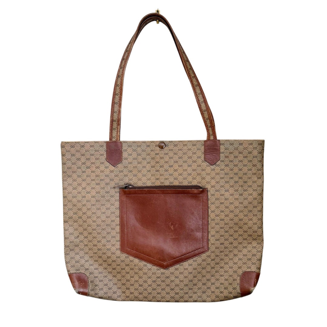 Vintage 1970s GUCCI Tote | Monogrammed 70s GUCCI Large Tote | Leather Trim Gucci Bag - Etsy