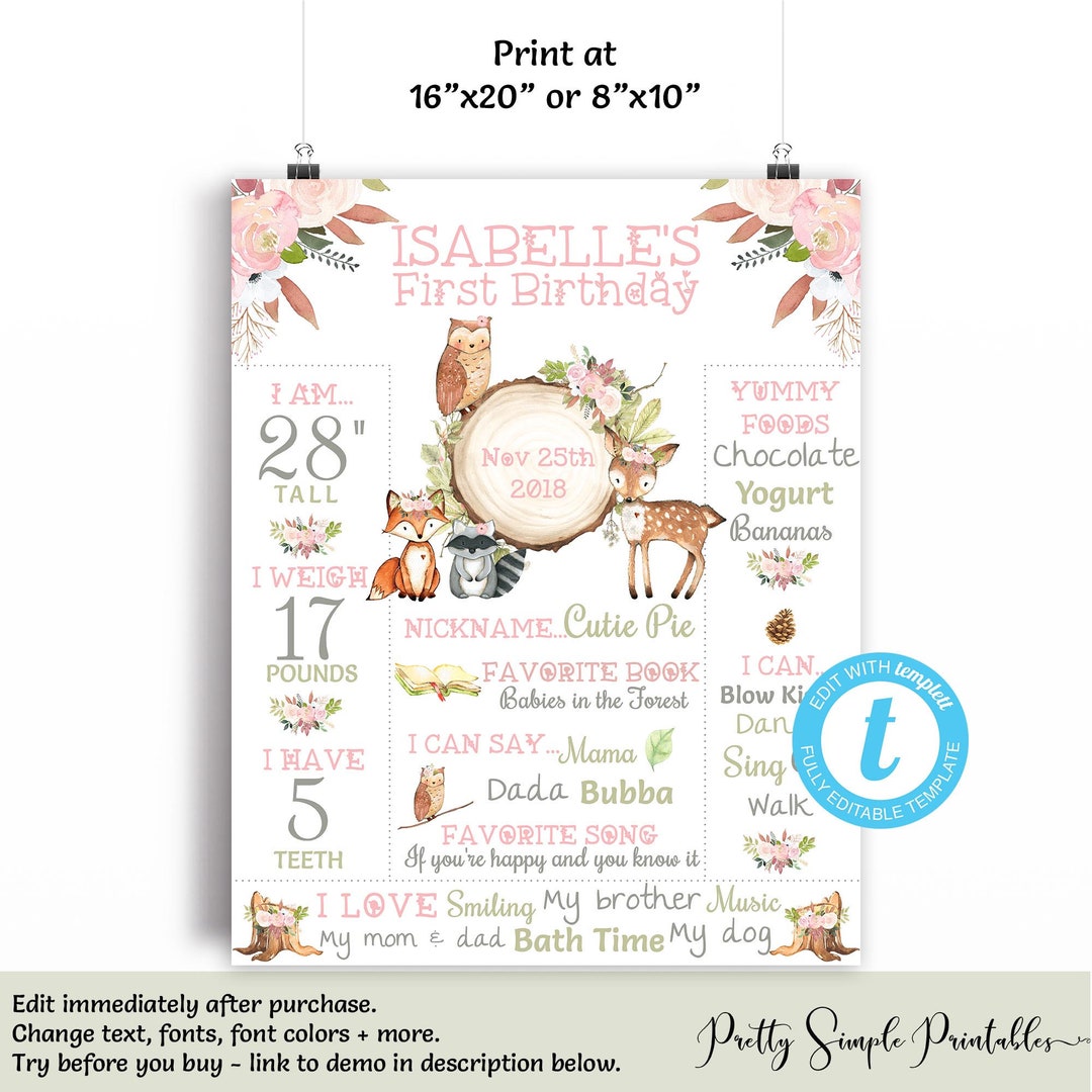 First Birthday Milestone Board Girl, Woodland First Birthday Pink ...