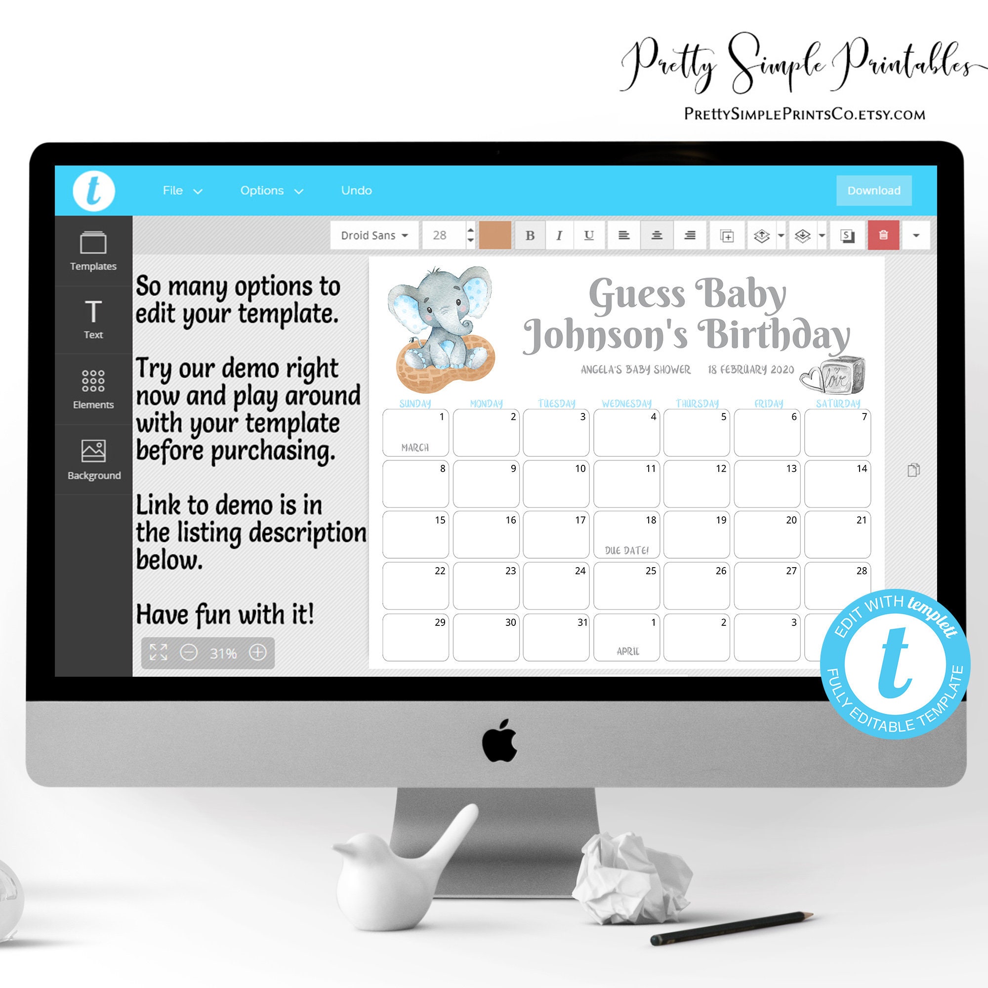 Elephant Calendar Boy Blue Baby Due Date Calendar | Etsy