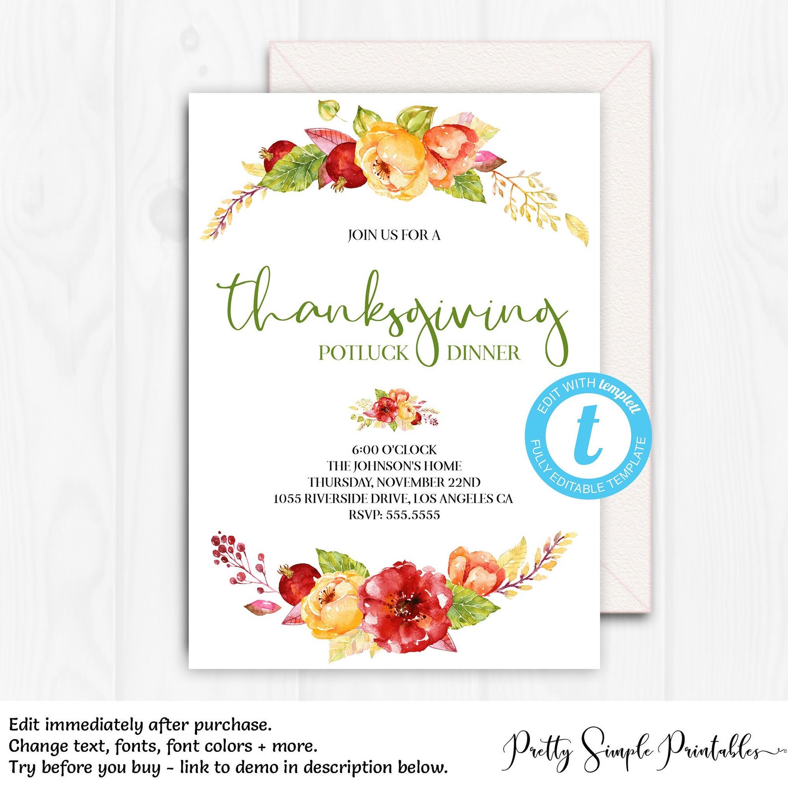 Thanksgiving Potluck Invitation Thanksgiving Dinner - Etsy