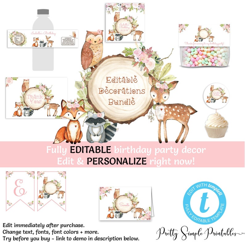 Woodland Birthday Decorations Girl EDITABLE Woodland Banner - Etsy