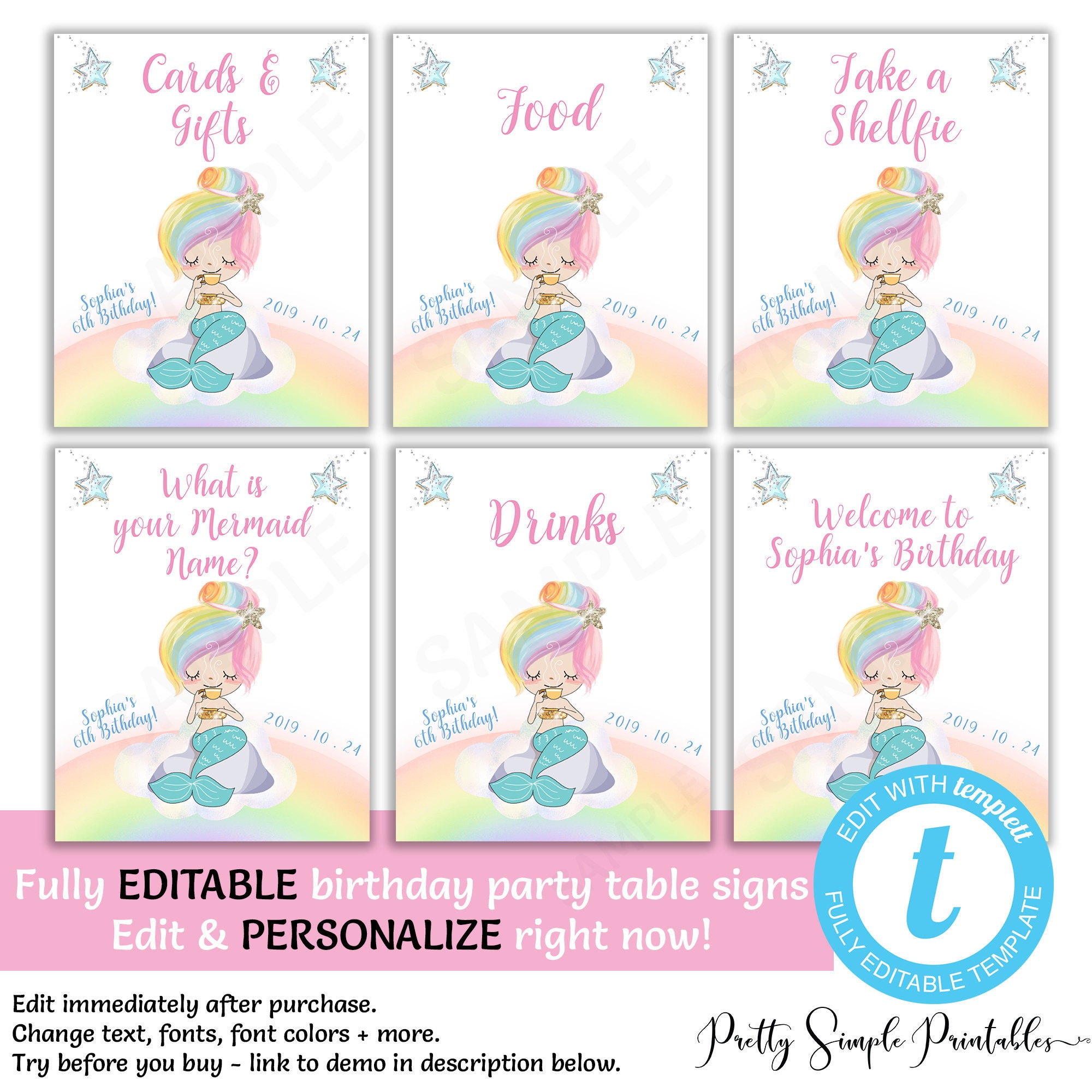 Mermaid Table Signs Tea Party Birthday Sign Mermaid Name | Etsy