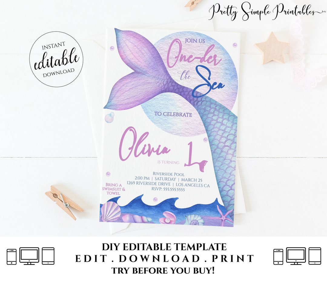 Editable Oneder the Sea Birthday Invitation, Mermaid First Birthday ...