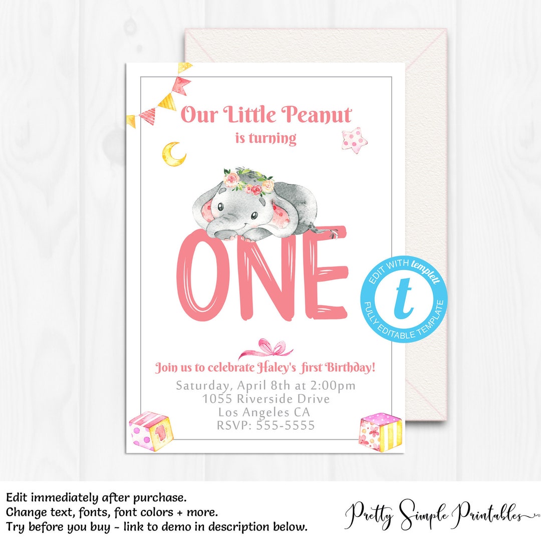 Elephant Birthday Invitation, Girl, First Birthday Invitation Girl ...