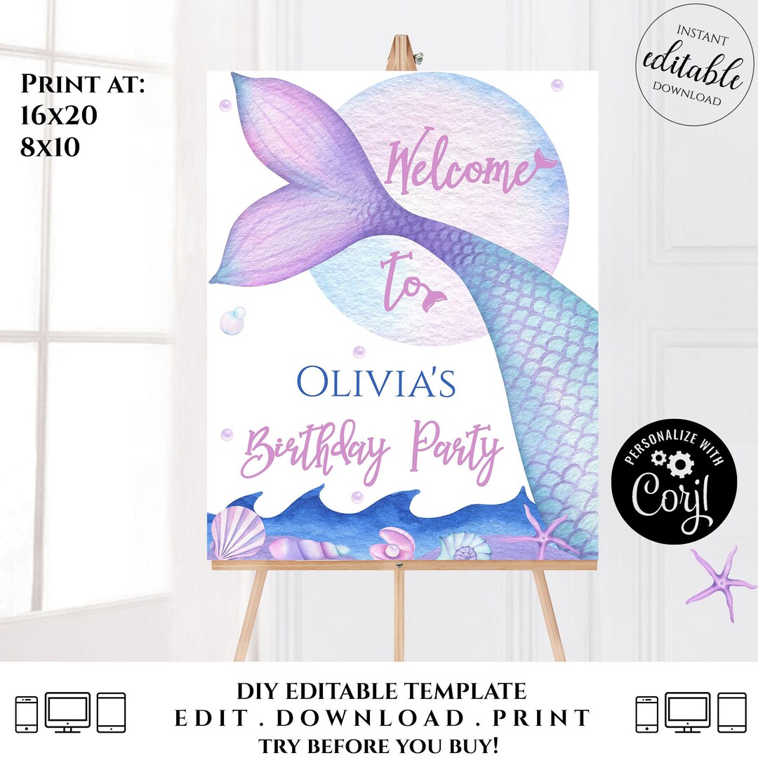 Mermaid Birthday Welcome Sign, Mermaid Theme Birthday Party, Editable ...
