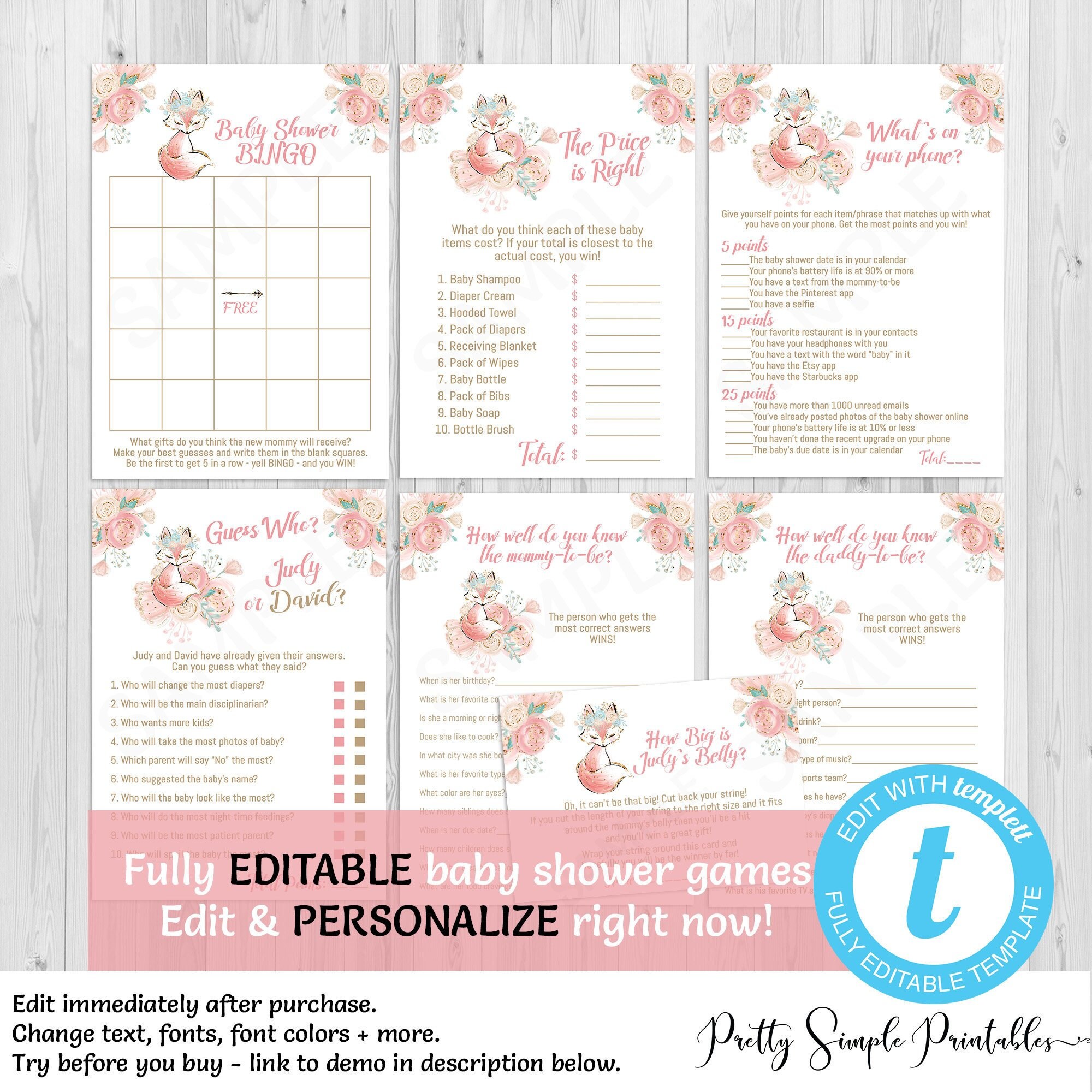Fox Baby Shower Girl, Baby Shower Games Girl, Games Bundle, Baby Shower ...