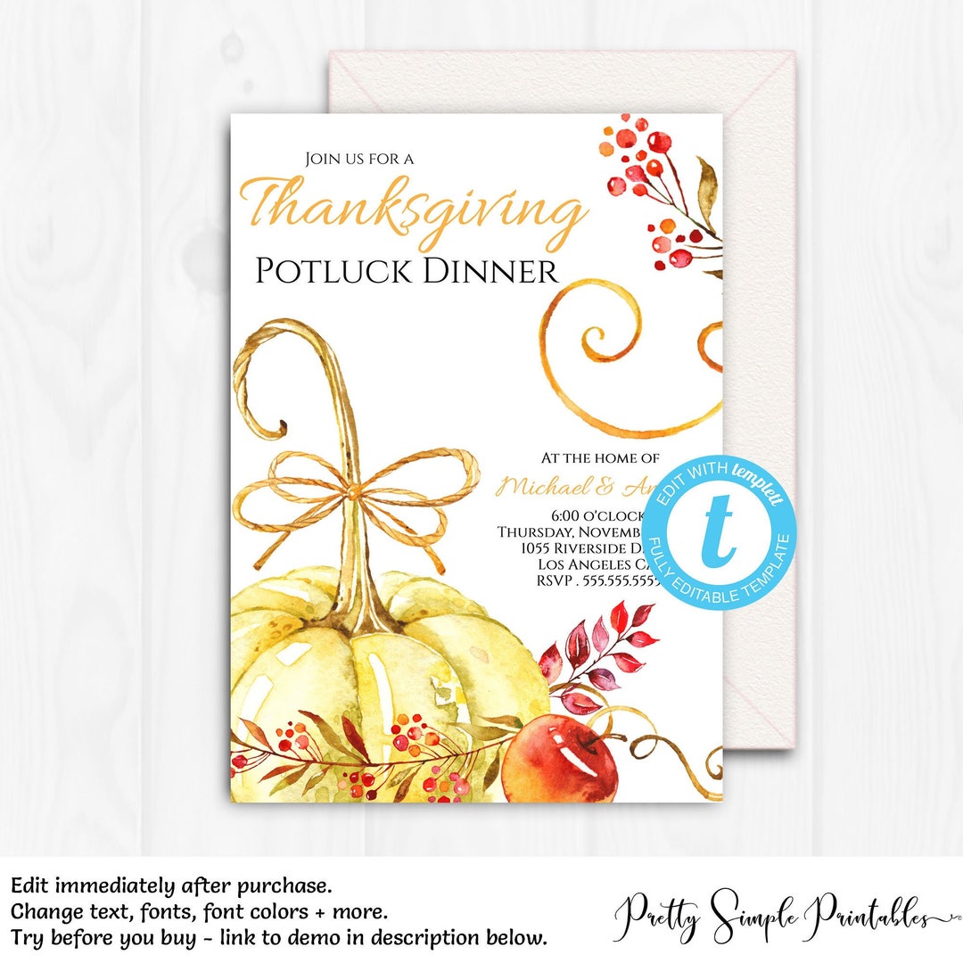 Thanksgiving Potluck Invitation, Thanksgiving Invitation Editable ...