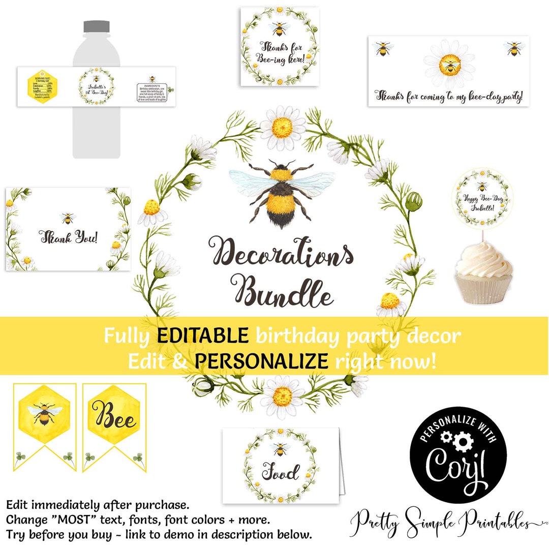 Bee Birthday Decorations, Bee Banner, Bee Favor Tags, Bee Water Bottle ...