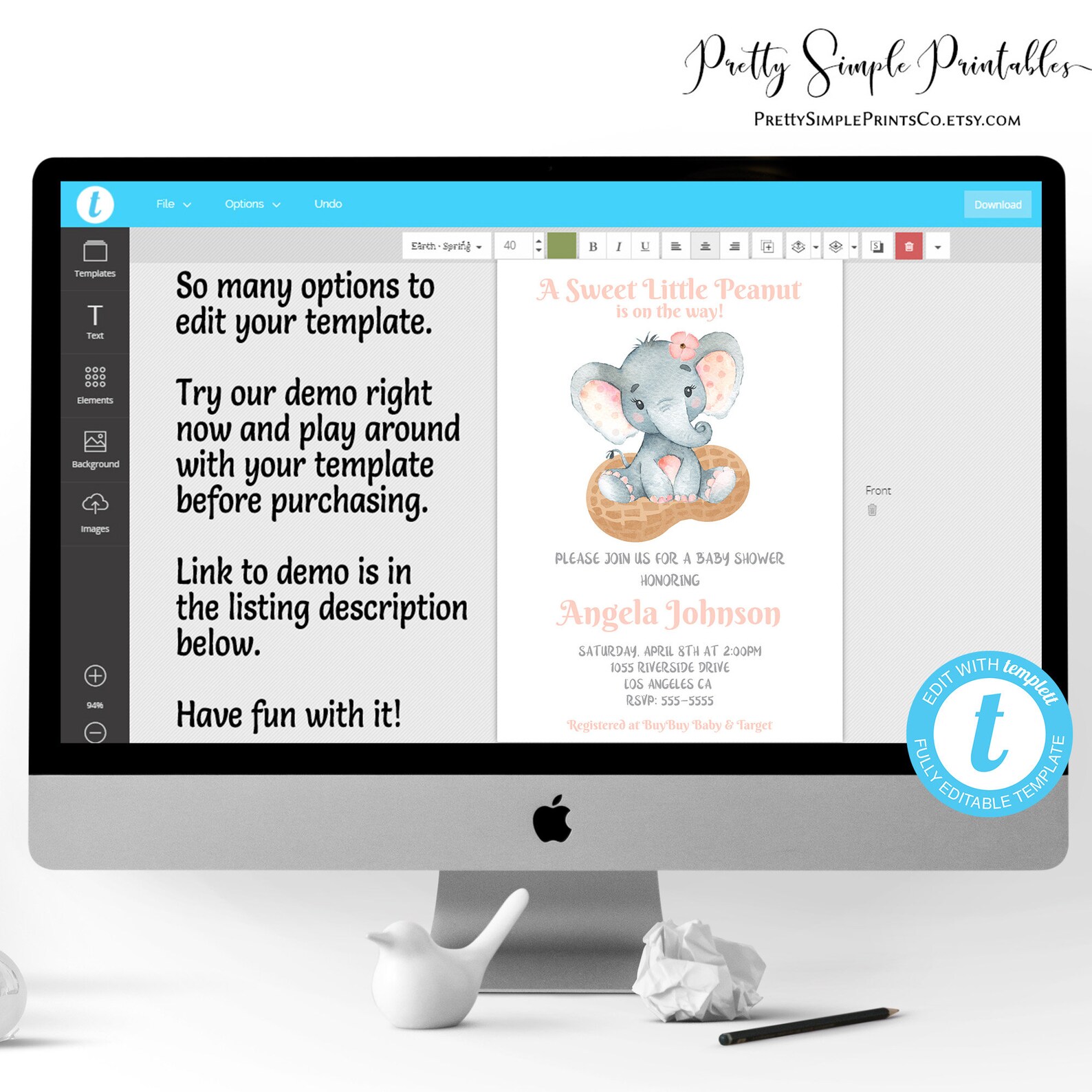 Elephant Baby Shower Template Invitation Bundle Templett - Etsy