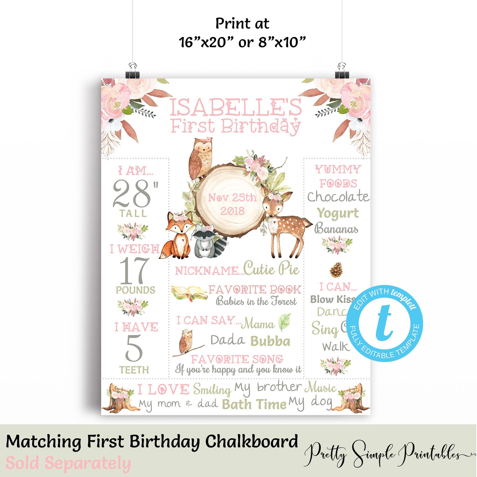 Woodland Birthday Decorations Girl EDITABLE Woodland Banner | Etsy