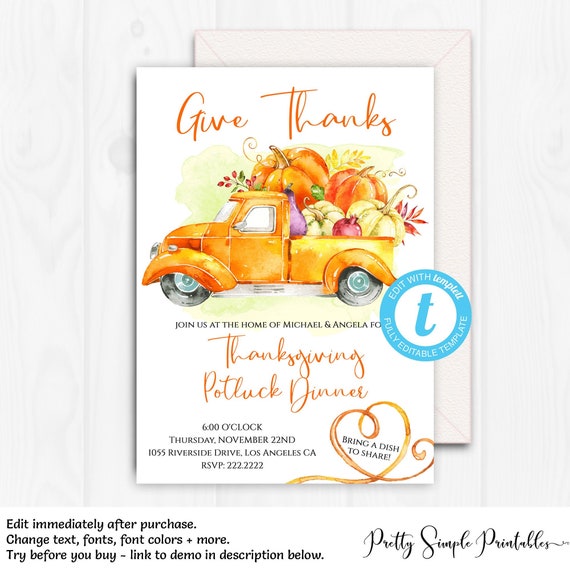 Thanksgiving Potluck Instant Download Give Thanks Invite - Etsy