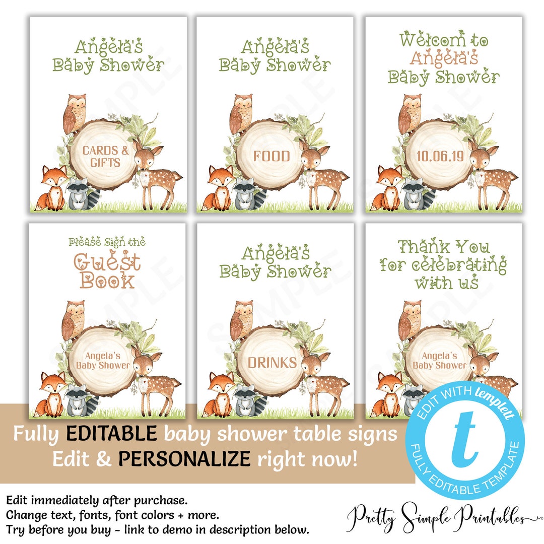 Editable Woodland Baby Shower Table Signs Cards and Gifts - Etsy