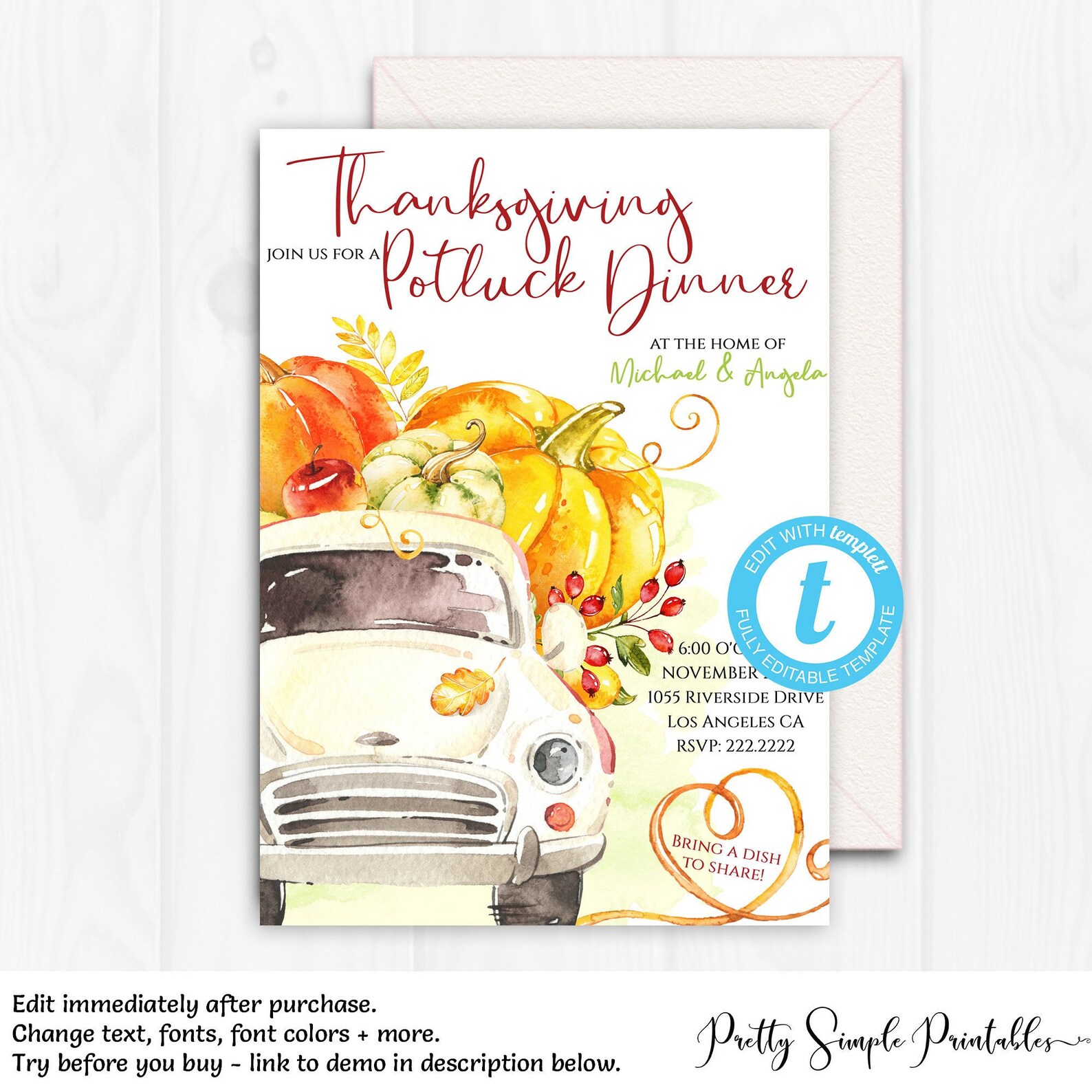 Give Thanks Invite Thanksgiving Potluck Invitation Download - Etsy