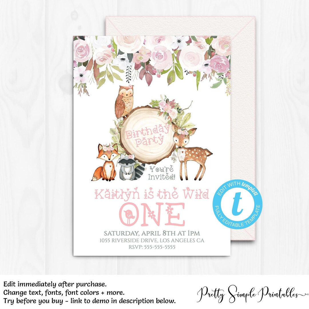 Wild One Invitation, Girl, Wild One Birthday, Pink, Woodland Birthday ...