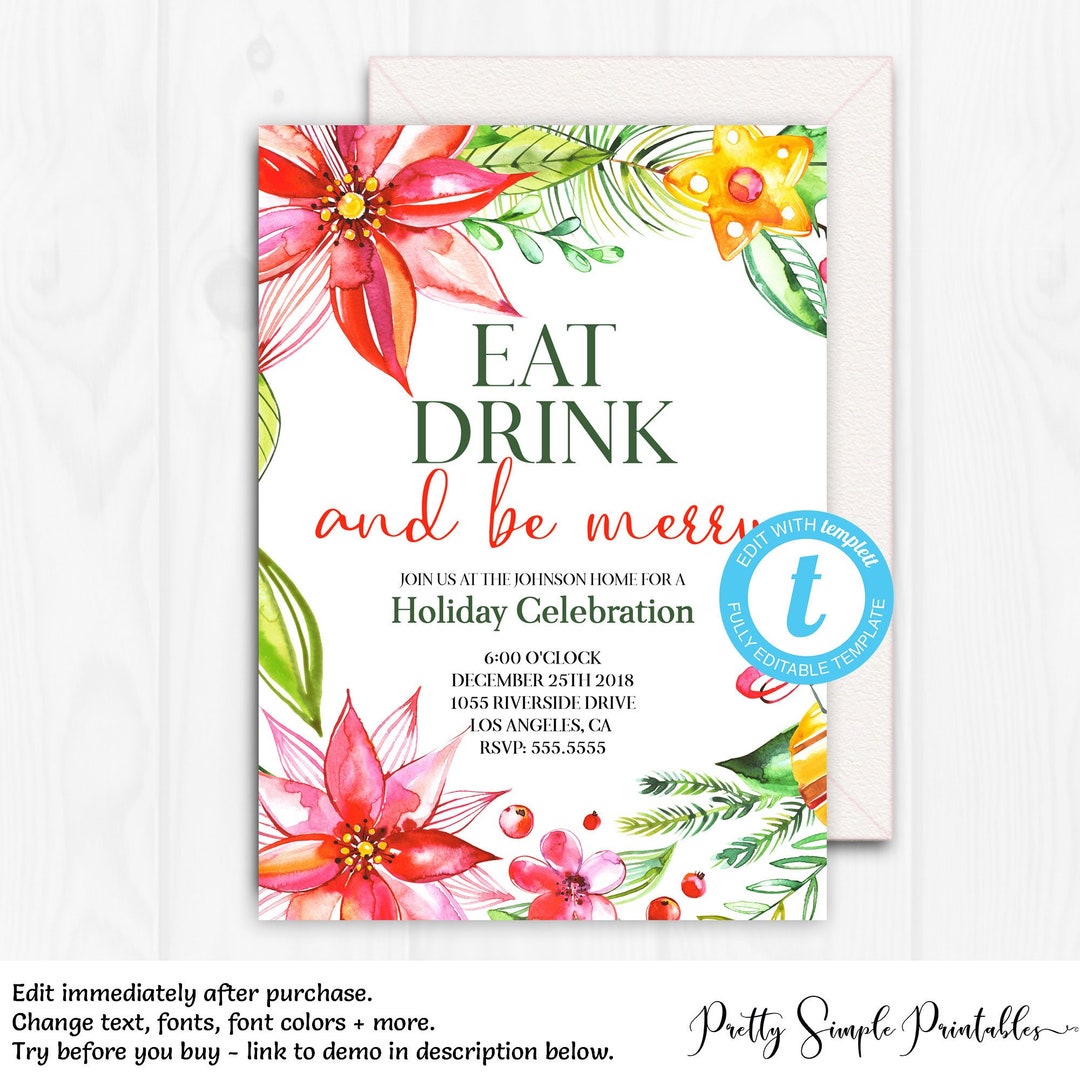 Eat Drink and Be Merry Invitation, Holiday Celebration, Christmas ...