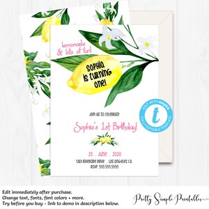 Lemon First Birthday Invitation, Girl, Pink Lemonade Party, Sunshine ...
