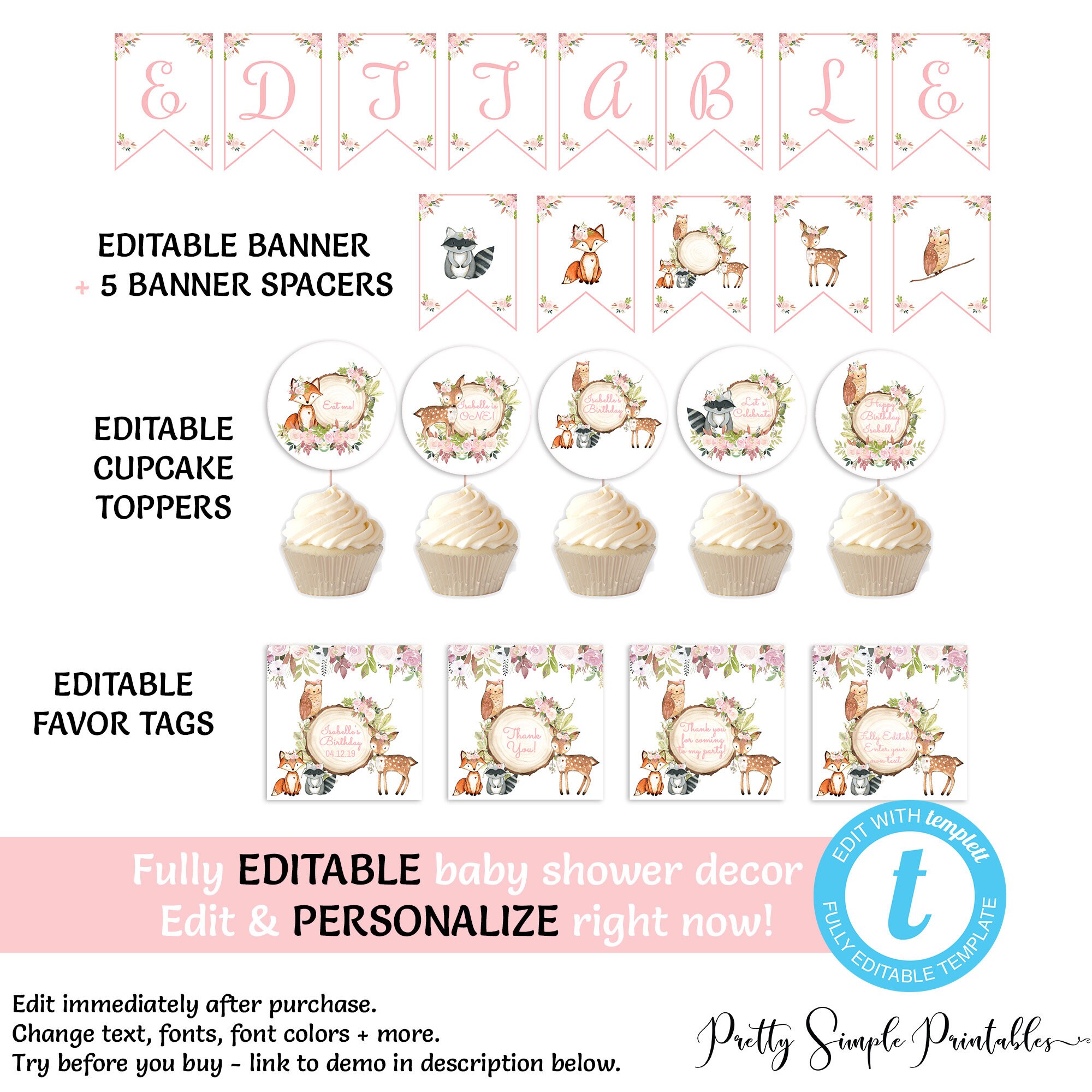 Woodland Birthday Decorations Girl EDITABLE Woodland Banner | Etsy