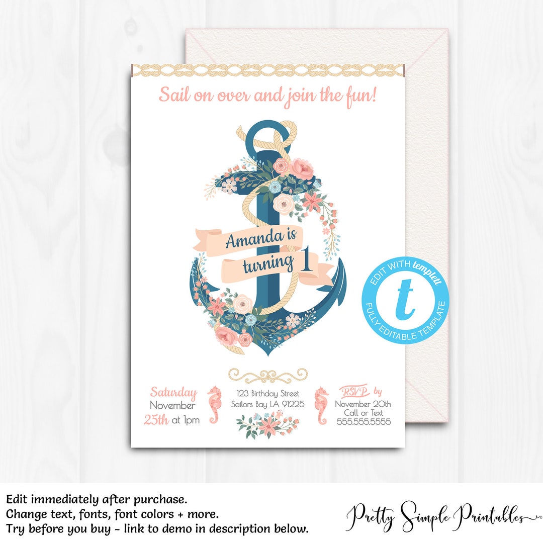 Nautical Birthday Invite, Girl, Anchor Birthday Invitation, Nautical ...