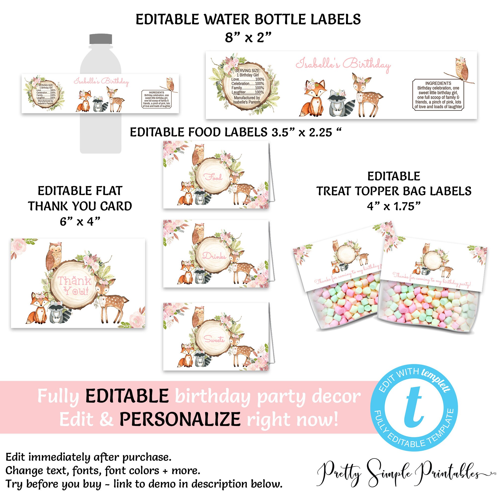 Woodland Birthday Decorations Girl EDITABLE Woodland Banner | Etsy