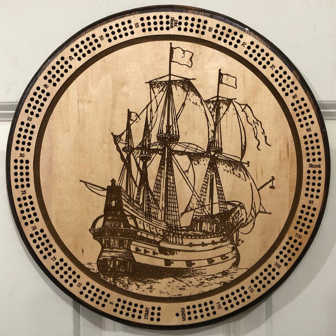 Pirate Ship Cribbage Board & Wall Plaque - With CARD STORAGE, 3 Track ...