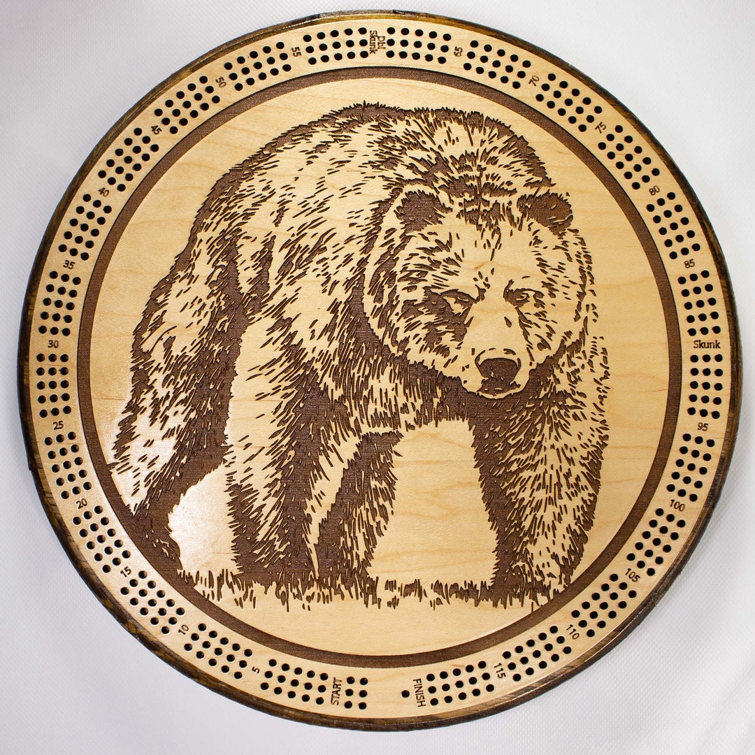 Bear Wildlife Art 3 Track Cribbage Board 120 Points & 6 Pegs, Round ...