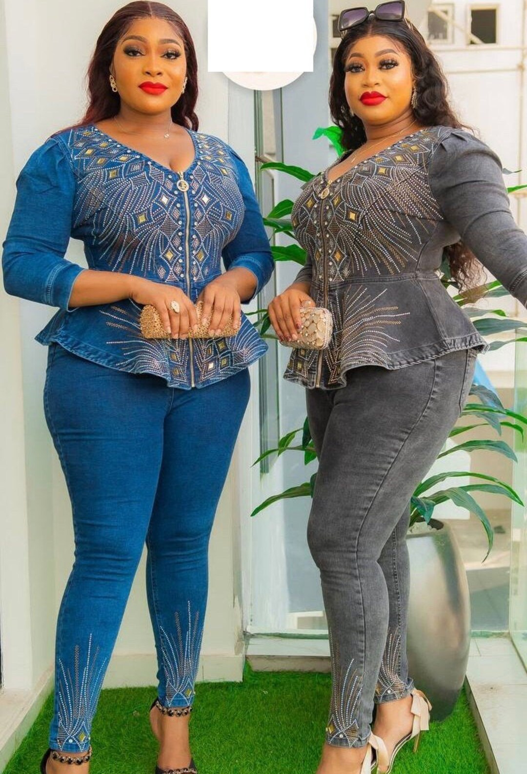 Women's Jeans Set With Rhinestones, Stretch Curvy Weekend Denim Bling ...