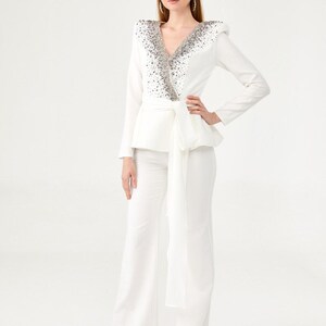 White Jumpsuit With Rhinestones, Peplum Bridal Pants Suit, Birthday ...