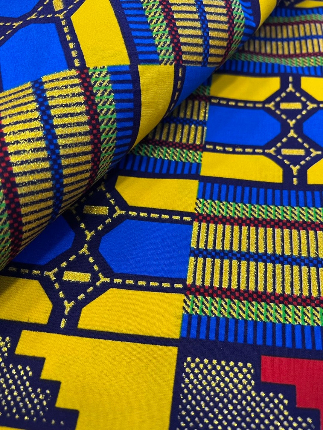 Kente African Fabric by the Yard, Metallic Blue Kente Cloth, Cotton ...