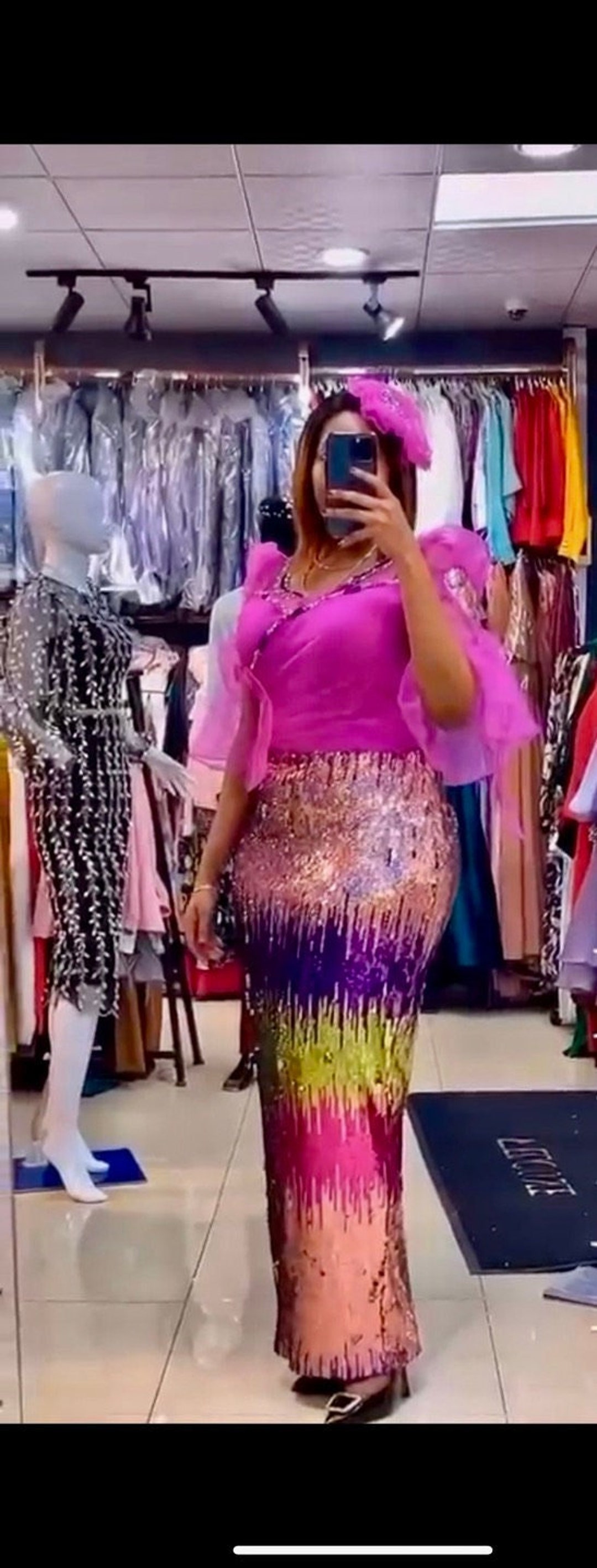 Pink Sequin Evening Dress With Headpiece, African Women Formal Wear ...